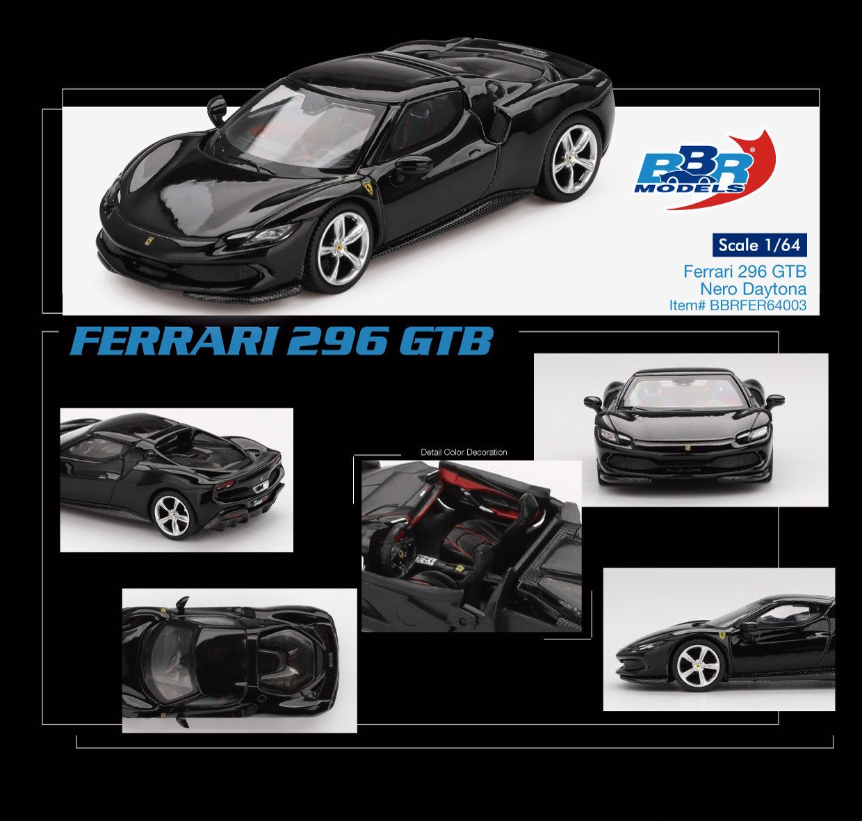 1:64 FERRARI 296 GTB NERO DAYTONA - BBR Models - BBRFER64003 – KRW Models